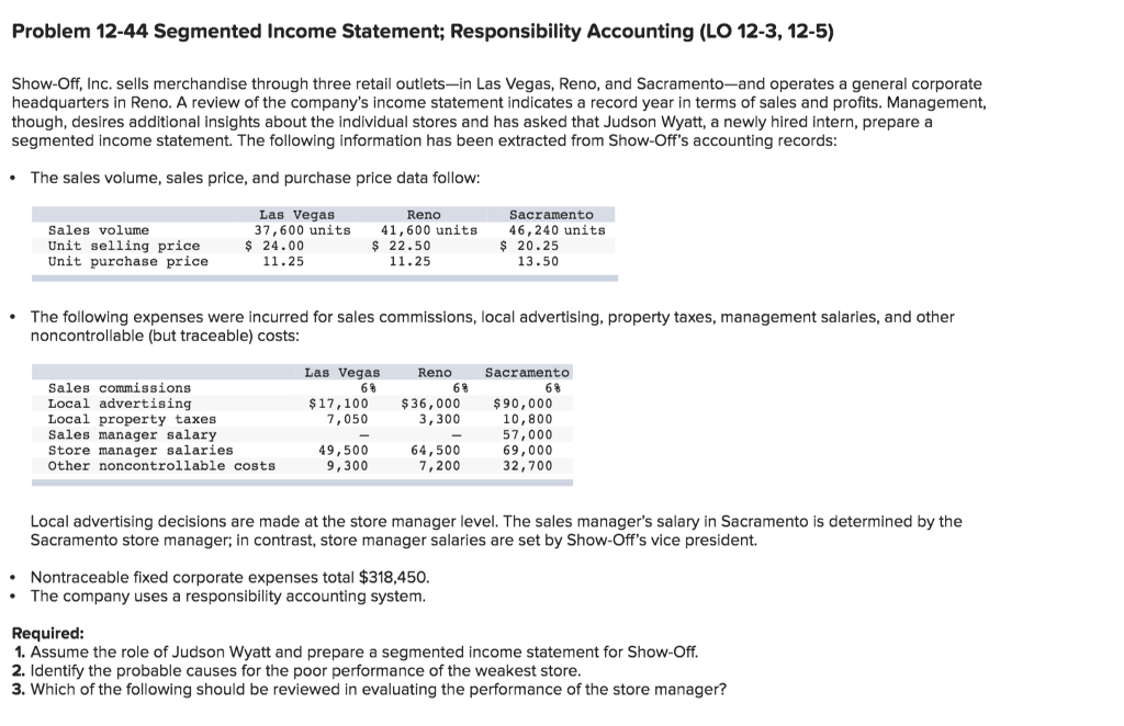 Solved Problem 12-44 Segmented Income Statement; | Chegg.com