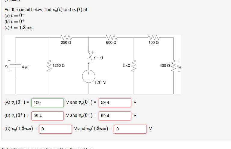 Solved For the circuit below, find vc(t) and vo (t) at: (a)t | Chegg.com