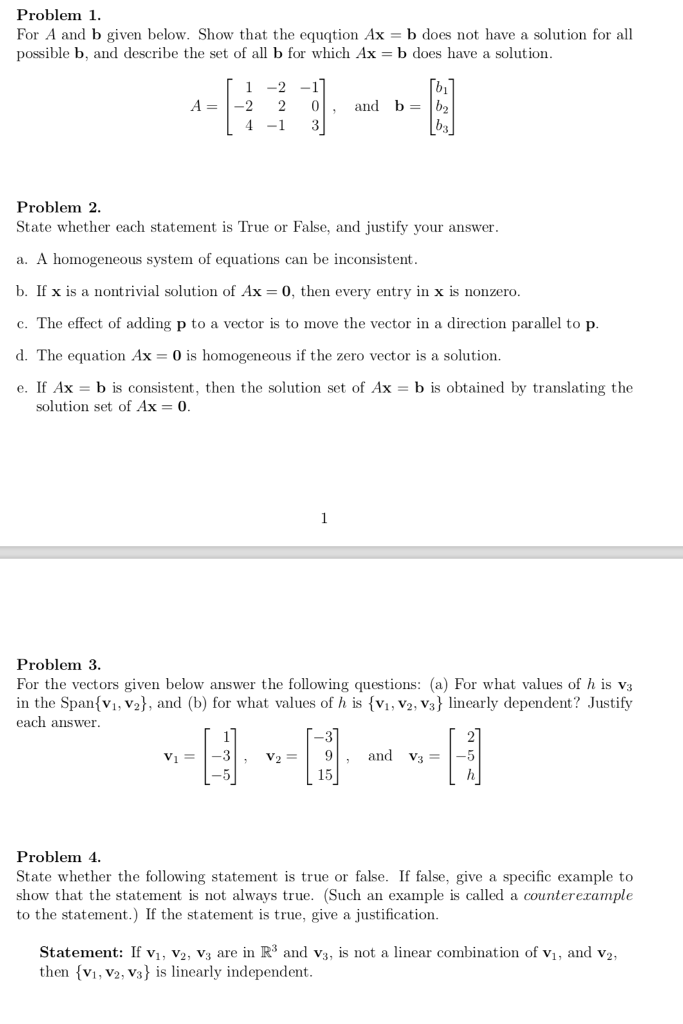 Solved Problem 1 For A and b given below. Show that the | Chegg.com