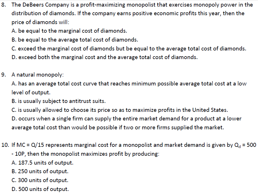 Solved The DeBeers Company is a profit-maximizing monopolist | Chegg.com