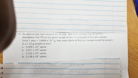 Solved An atom of zinc has a mass of 65.39 amu. One of it | Chegg.com