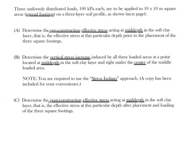 Solved Three uniformly distributed loads, 100 kPa each, are | Chegg.com