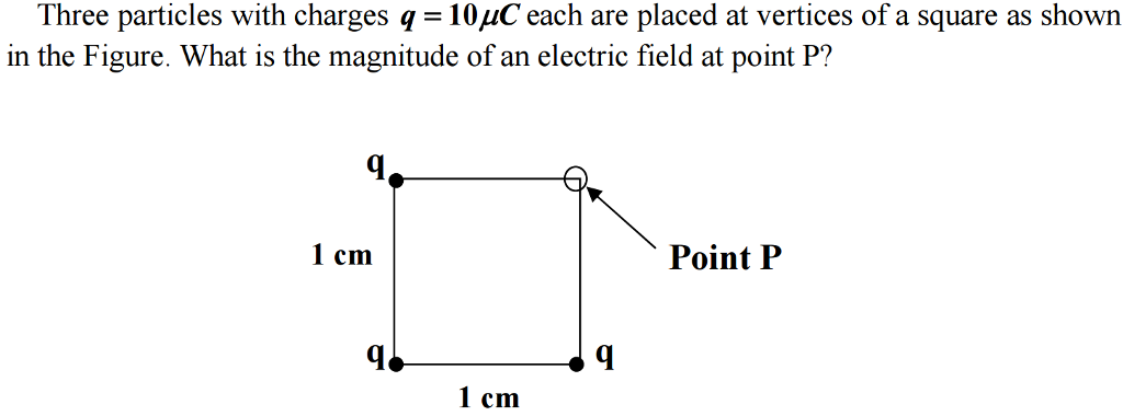 Solved Three particles with charges q = 10 mu C each are | Chegg.com