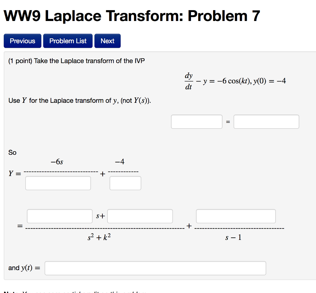 Solved WW9 Laplace Transform: Problem 7 Previous Problem | Chegg.com