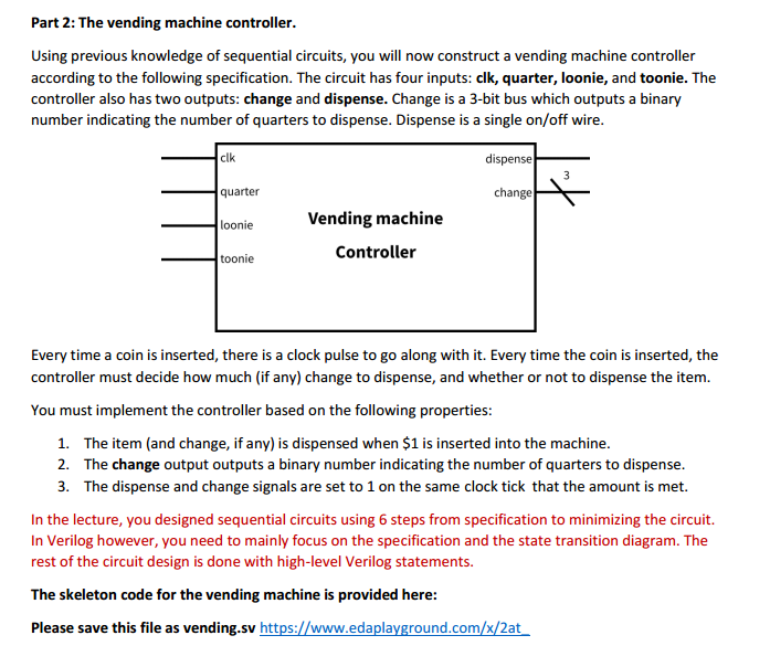 Solved Part 2 The Vending Machine Controller Using