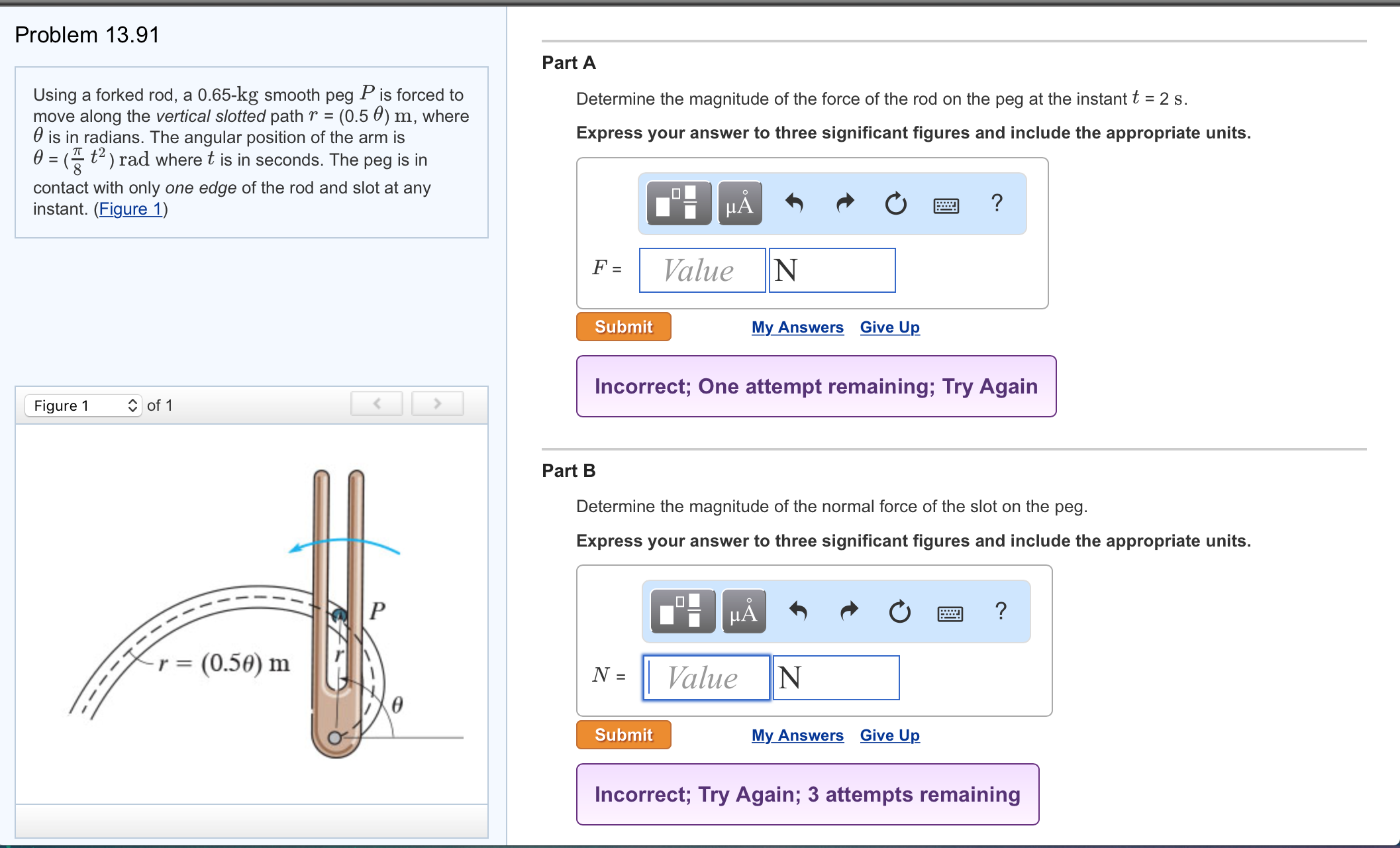 Solved Using a forked rod, a 0.65-kg smooth peg P is forced | Chegg.com