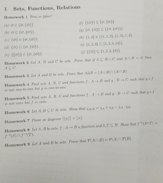 Solved 1 Sets, Functions, Relations Homework 1 True or | Chegg.com