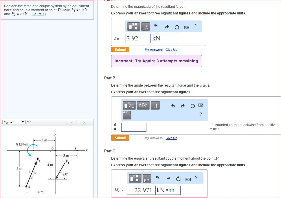 Solved Replace the force and couple system by an equivalent | Chegg.com