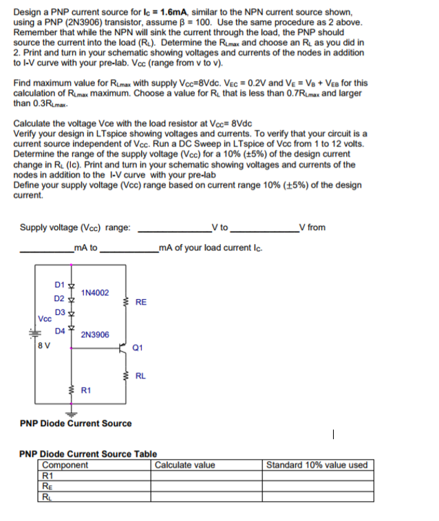 Design a PNP current source for Ic = 1.6mA, similar | Chegg.com