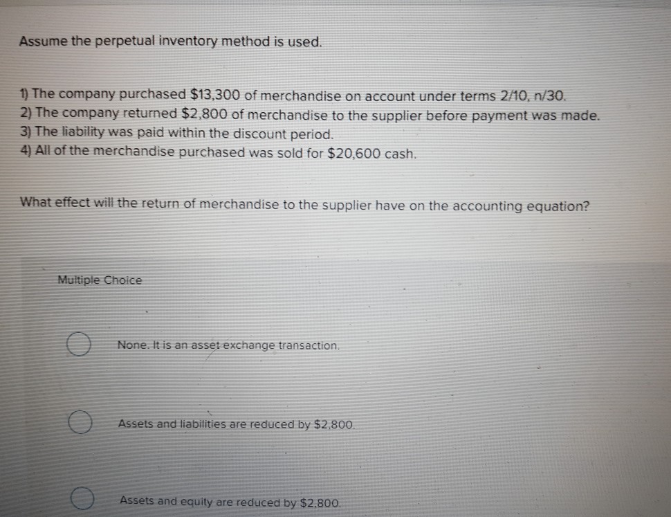 Solved Assume the perpetual inventory method is used. 1) The | Chegg.com