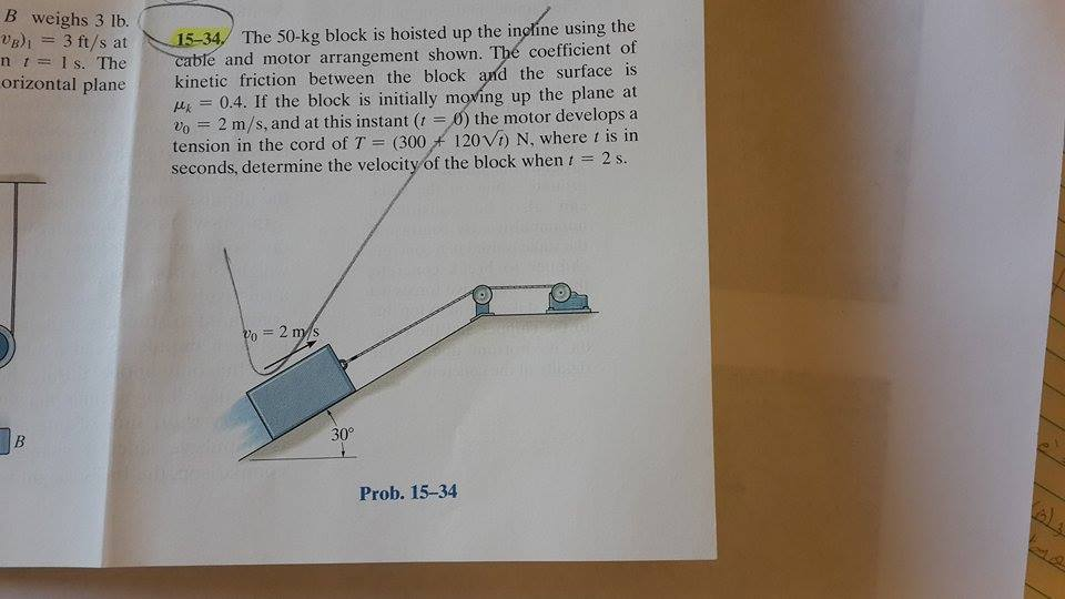 Solved 15-34 The 50-kg block is hoisted up the incline using | Chegg.com