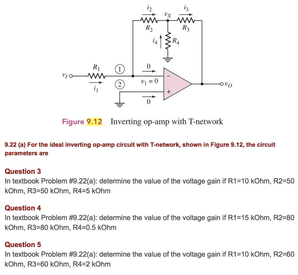 Solved 4. Figure 9.12 Inverting op-amp with T-network 9.22 | Chegg.com