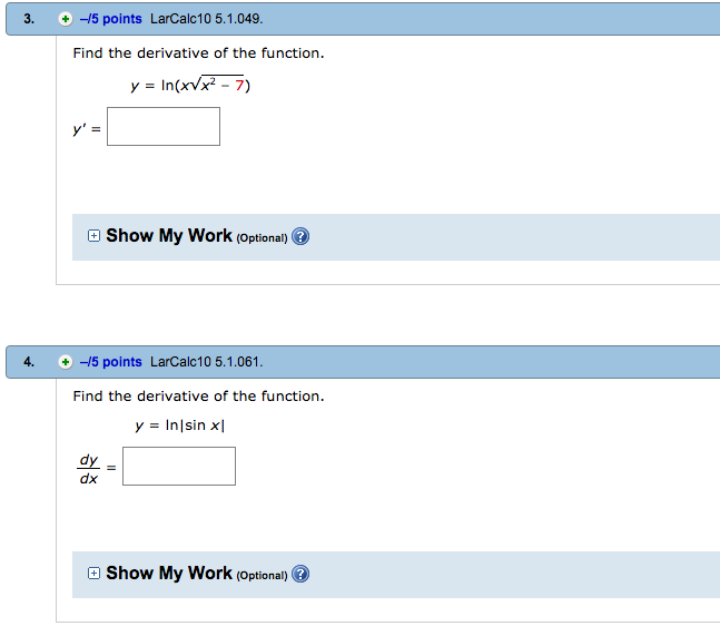 Solved Find the derivative of the function. y = ln(x | Chegg.com