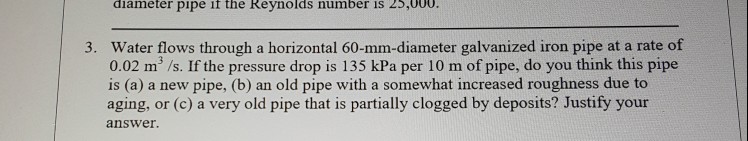 Solved diameter pipe if the Reynolds number is 25,000. Water | Chegg.com