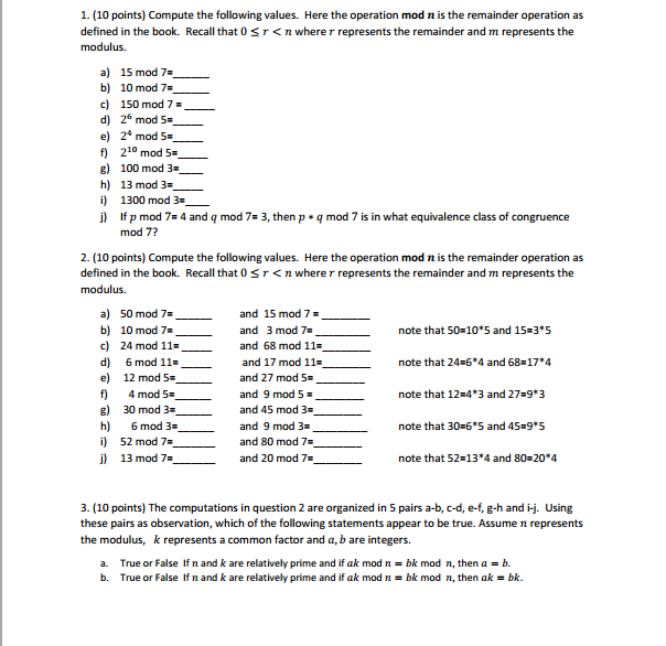 Compute the following values. Here the operation mod | Chegg.com