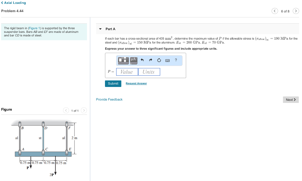 Solved Axial Loading Problem 4.44 6 of 8 > The rigid beam in | Chegg.com