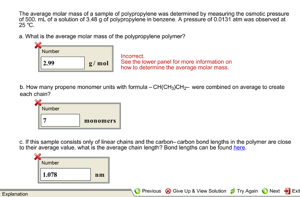 Solved The average molar mass of a sample of polypropylene | Chegg.com