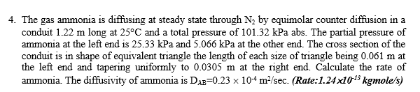 The gas ammonia is diffusing at steady state through | Chegg.com