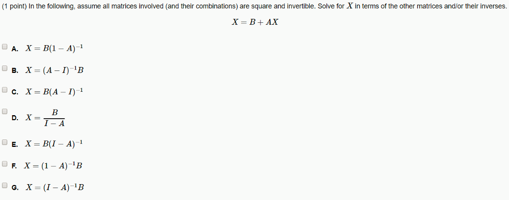 Solved (1 point) In the following, assume all matrices | Chegg.com
