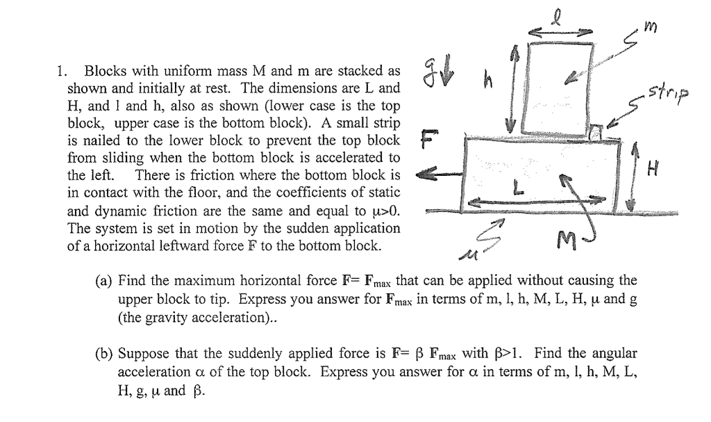 Solved Blocks with uniform mass M and m are stacked as shown | Chegg.com