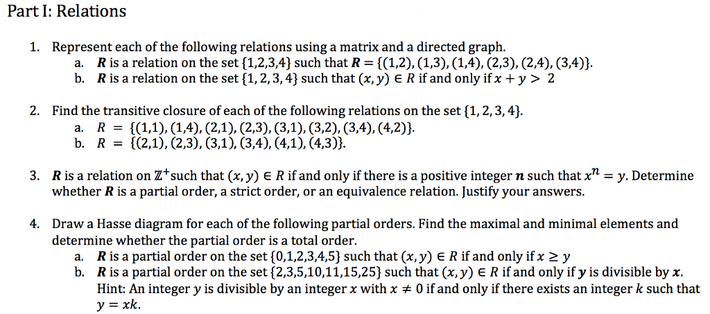 Solved Part I: Relations 1. Represent each of the following | Chegg.com