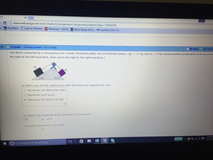 Solved Two blocks connected by a cord passing over a small, | Chegg.com