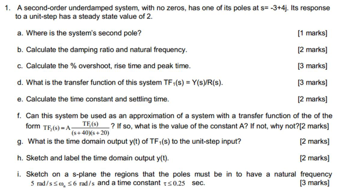 Solved 1. A second-order underdamped system, with no zeros, | Chegg.com