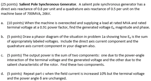 Solved Salient Pole Synchronous Generator A Salient Pole