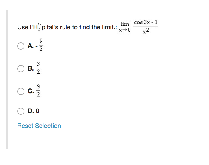 Solved Use I'Ho pital's rule to find the limit.: cos 3x -1 | Chegg.com