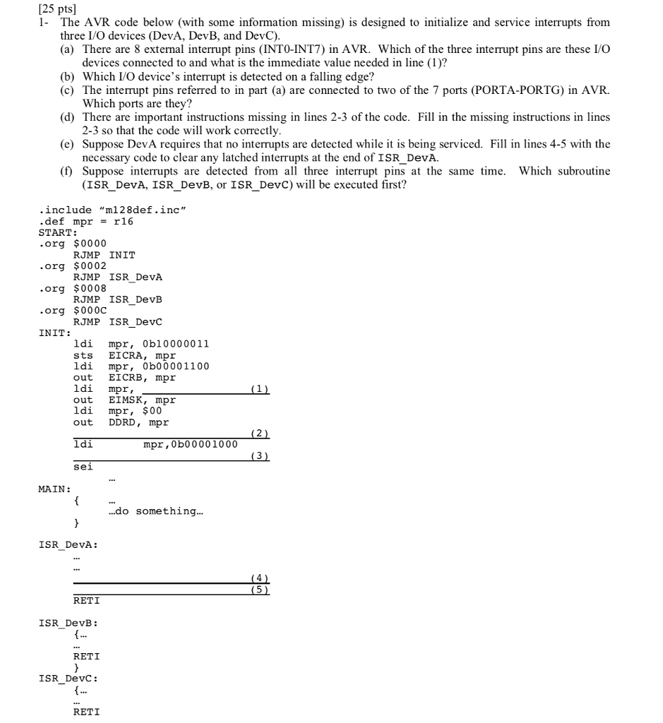 [25 pts] 1- The AVR code below (with some information | Chegg.com