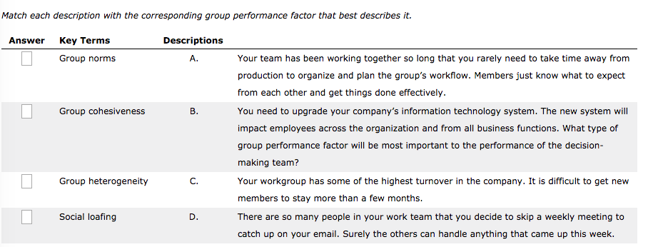 Solved Match each description with the corresponding group | Chegg.com