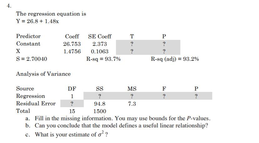 Solved The regression equation is Y = 26.8 + 1.48x Predictor | Chegg.com