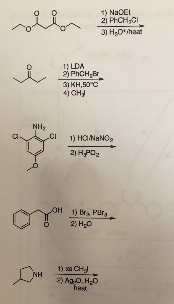 Solved 1) NaOEt O O 2) PhCH2C 3) H3O+/heat 1) LDA 2) PhCH2Br | Chegg.com