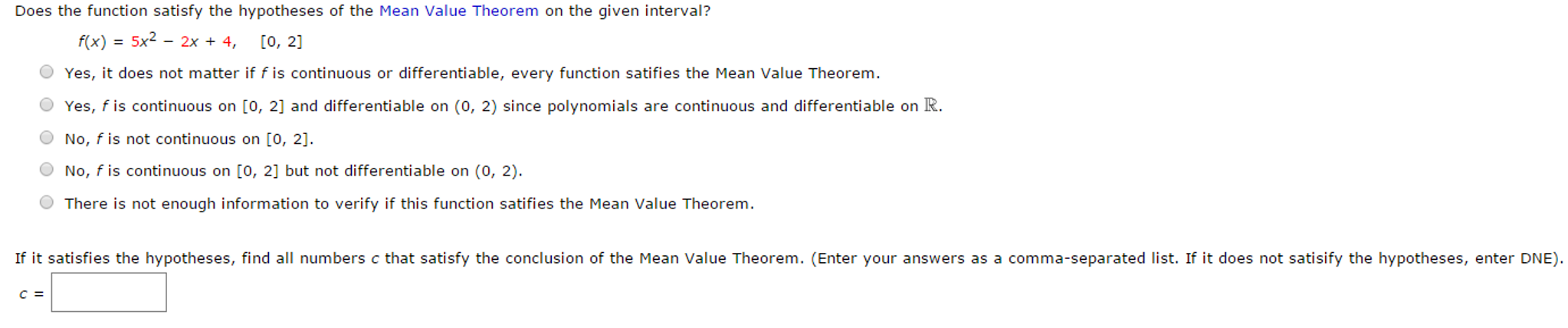 Solved Does the function satisfy the hypotheses of the Mean | Chegg.com