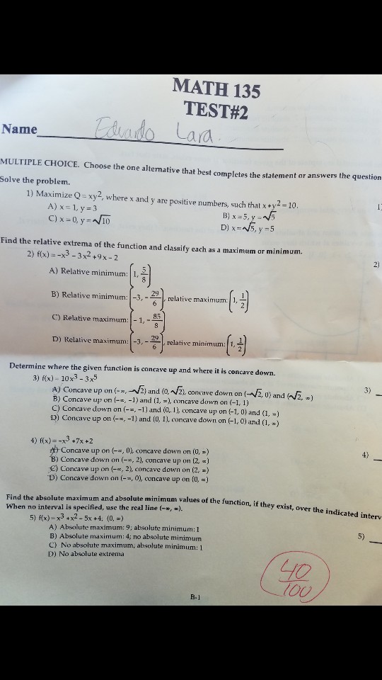 Solved MATH 135 TEST#2 Lara Name MULTIPLE CHOICE. Choose the | Chegg.com