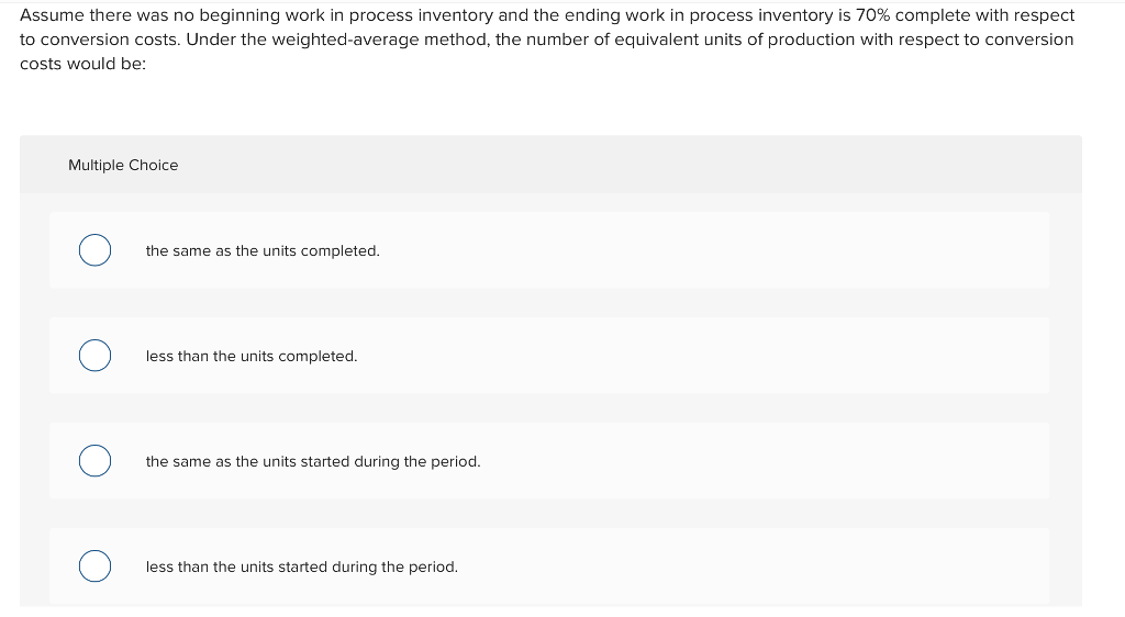 Solved Assume there was no beginning work in process | Chegg.com