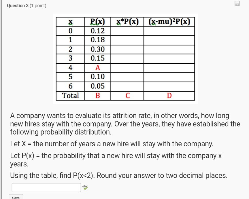 Solved Question 3 (1 point) x P(x)x*P(x)(x-mu)-P(x) 0 0.12 | Chegg.com
