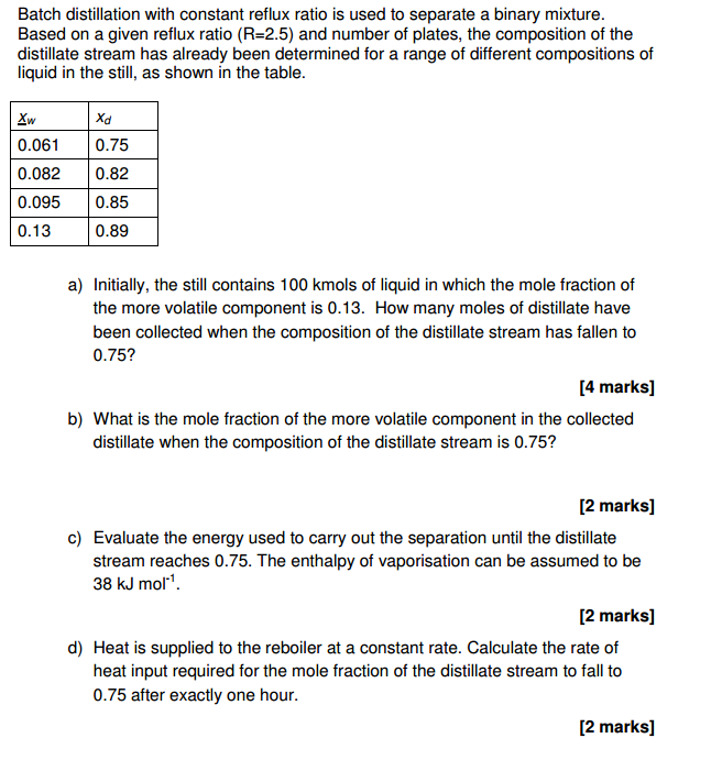 Solved Batch distillation with constant reflux ratio is used | Chegg.com