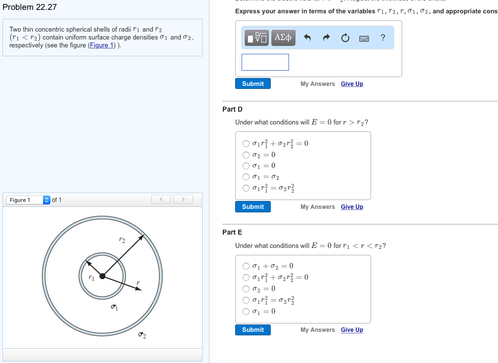 Solved Two thin concentric spherical shells of radii r_1 and | Chegg.com