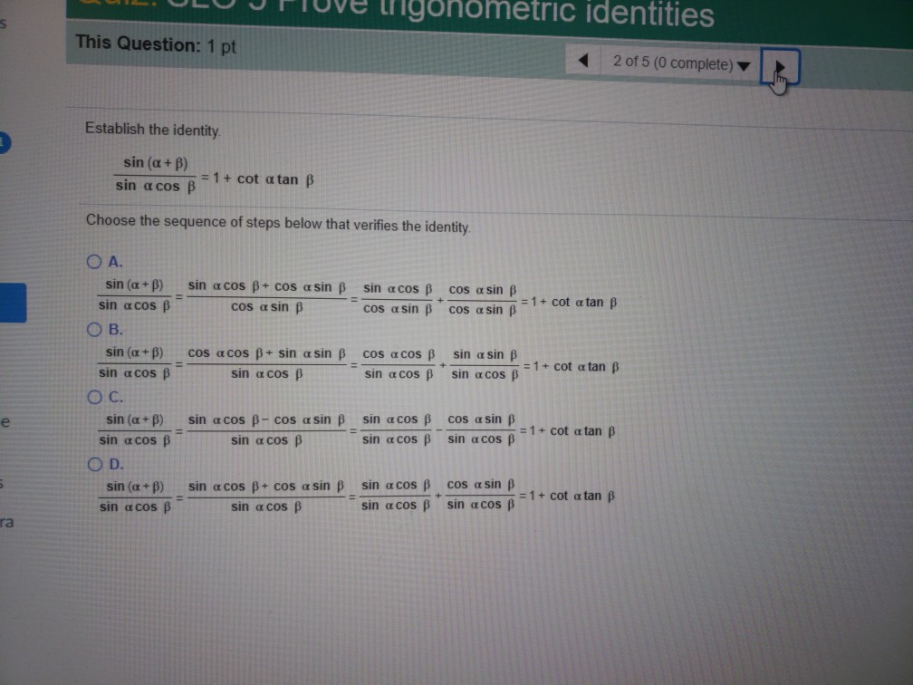 Solved FTove l1g8nometric identities This Question: 1 pt 2 | Chegg.com