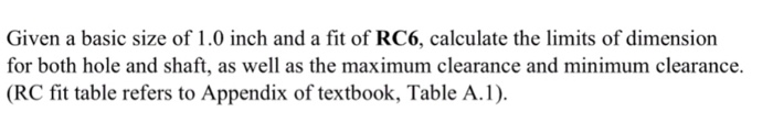 Solved Given a basic size of 1.0 inch and a fit of RC6, | Chegg.com