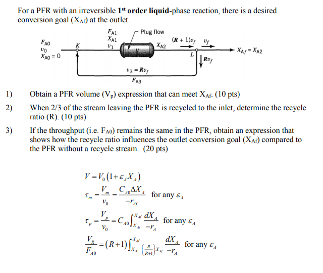 Solved For a PFR with an irreversible 1st order liquid-phase | Chegg.com