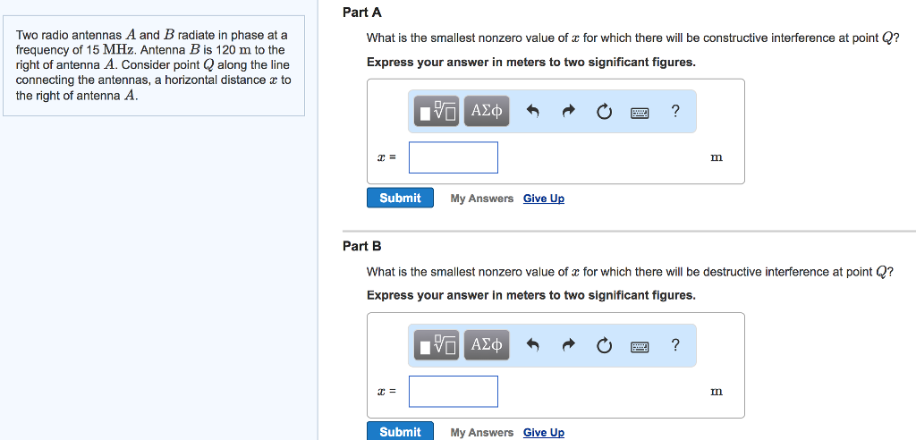 Solved Part A Two radio antennas A and B radiate in phase at | Chegg.com