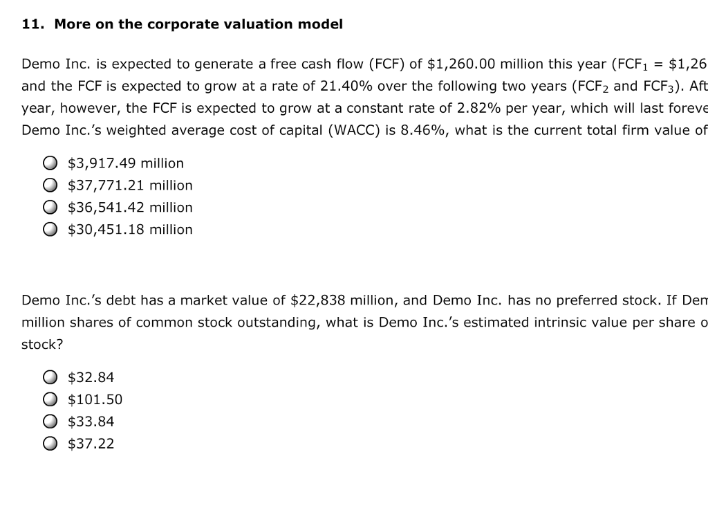 Solved 11 More On The Corporate Valuation Model Demo Inc Chegg solved-11-more-on-the-corporate-valuation-model-demo-inc-chegg