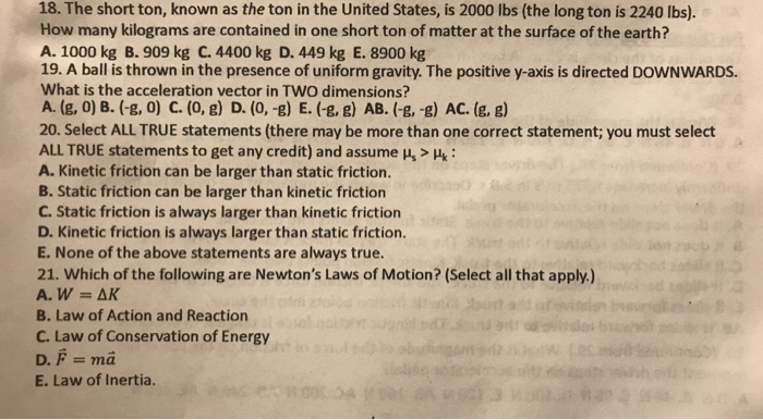 Solved 18. The short ton, known as the ton in the United | Chegg.com