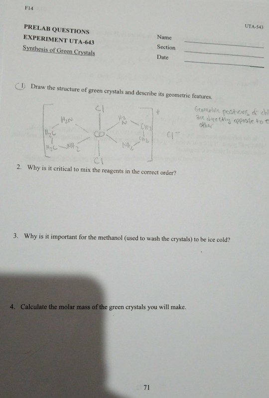 Solved F14 UTA-543 PRELAB QUESTIONS EXPERIMENT UTA-643 | Chegg.com