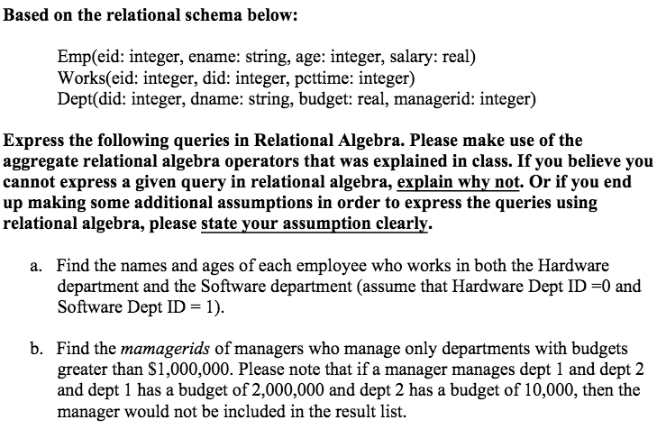 Solved Based on the relational schema below: Emp(eid: | Chegg.com