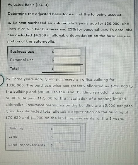 Solved Adjusted Basis (LO. 3) Determine the adjusted basis | Chegg.com