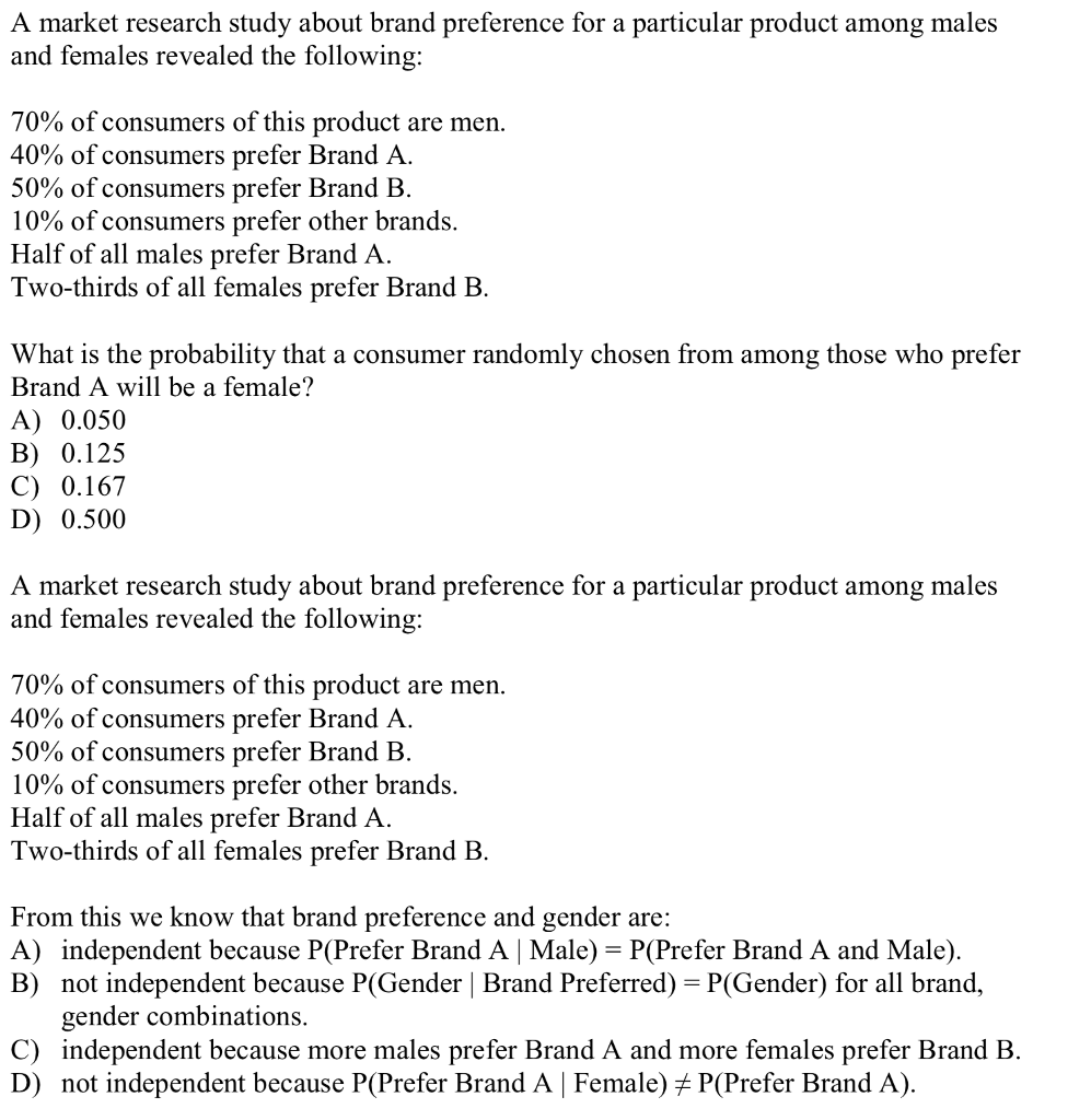 Solved A market research study about brand preference for a | Chegg.com