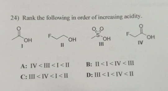 Solved 24) Rank the following in order of increasing acidity | Chegg.com